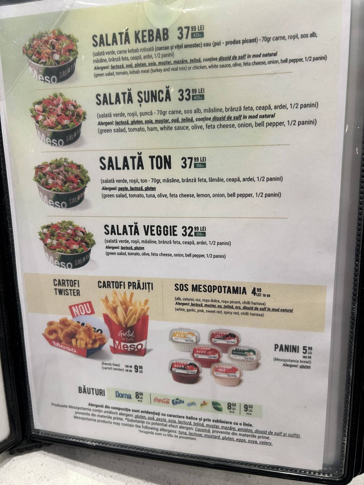 Menu at Mesopotamia, Sinaia