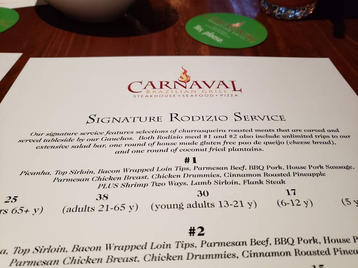 Menu at Carnaval Brazilian Grill restaurant, Sioux Falls
