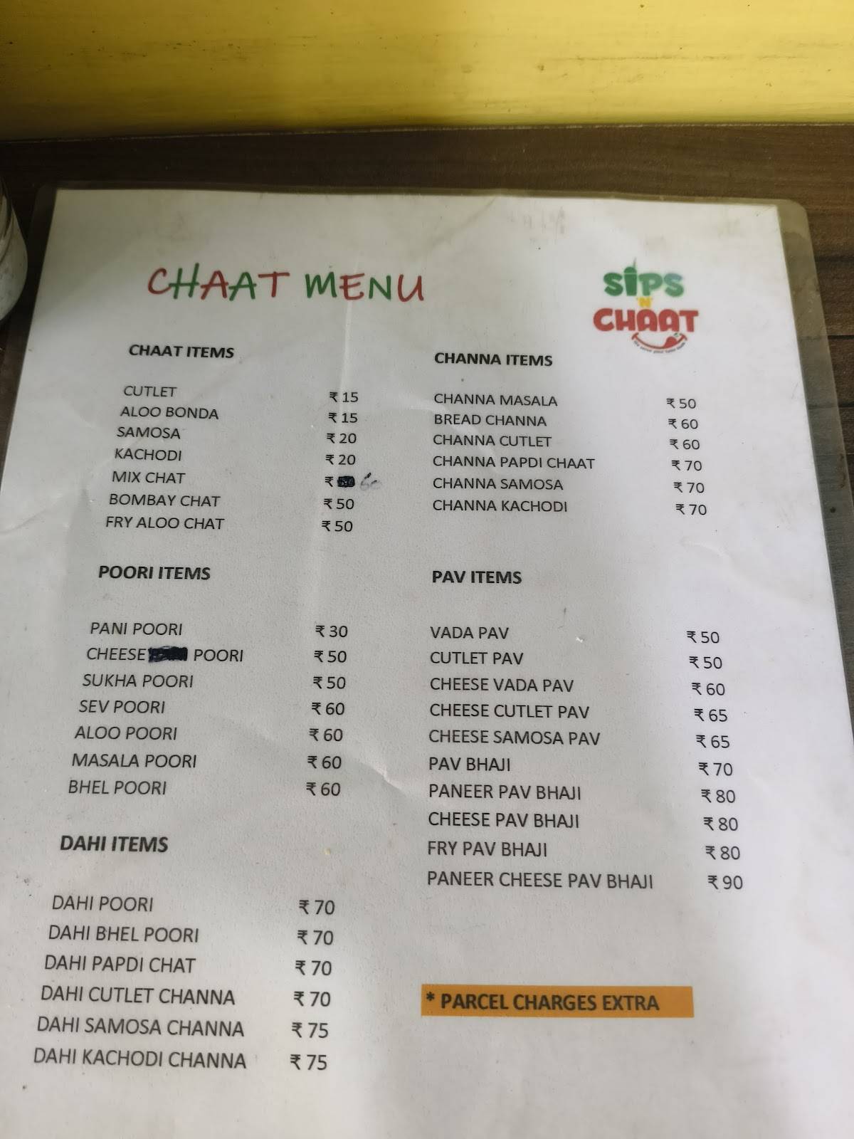 Menu at Sips N Chaat, Chennai