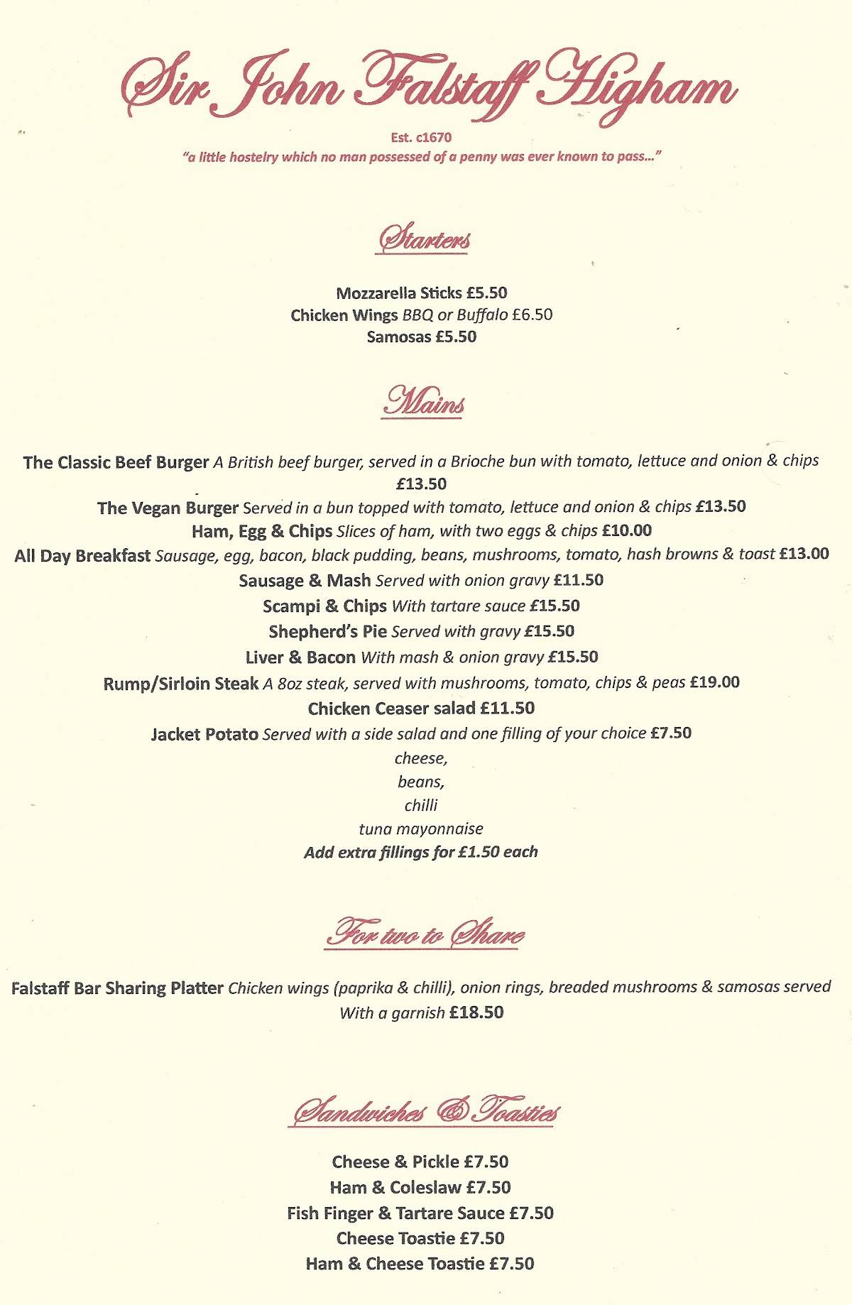 Menu at Sir John Falstaff pub & bar, Rochester
