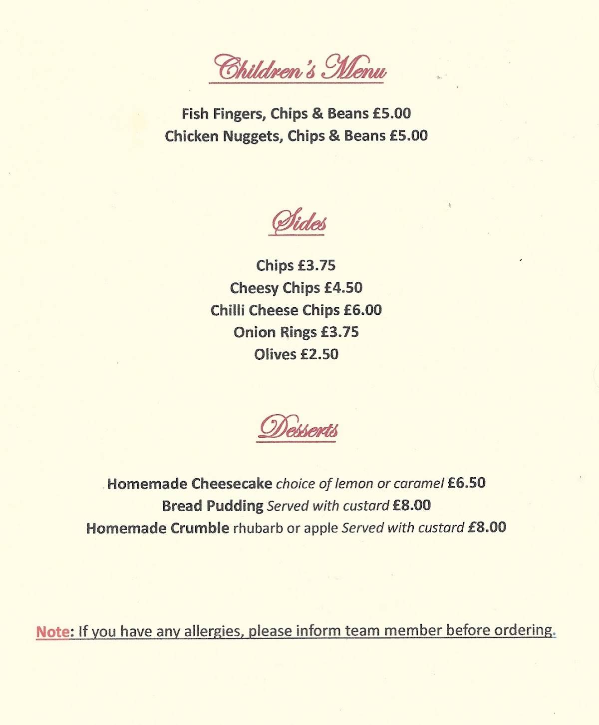 Menu at Sir John Falstaff pub & bar, Rochester