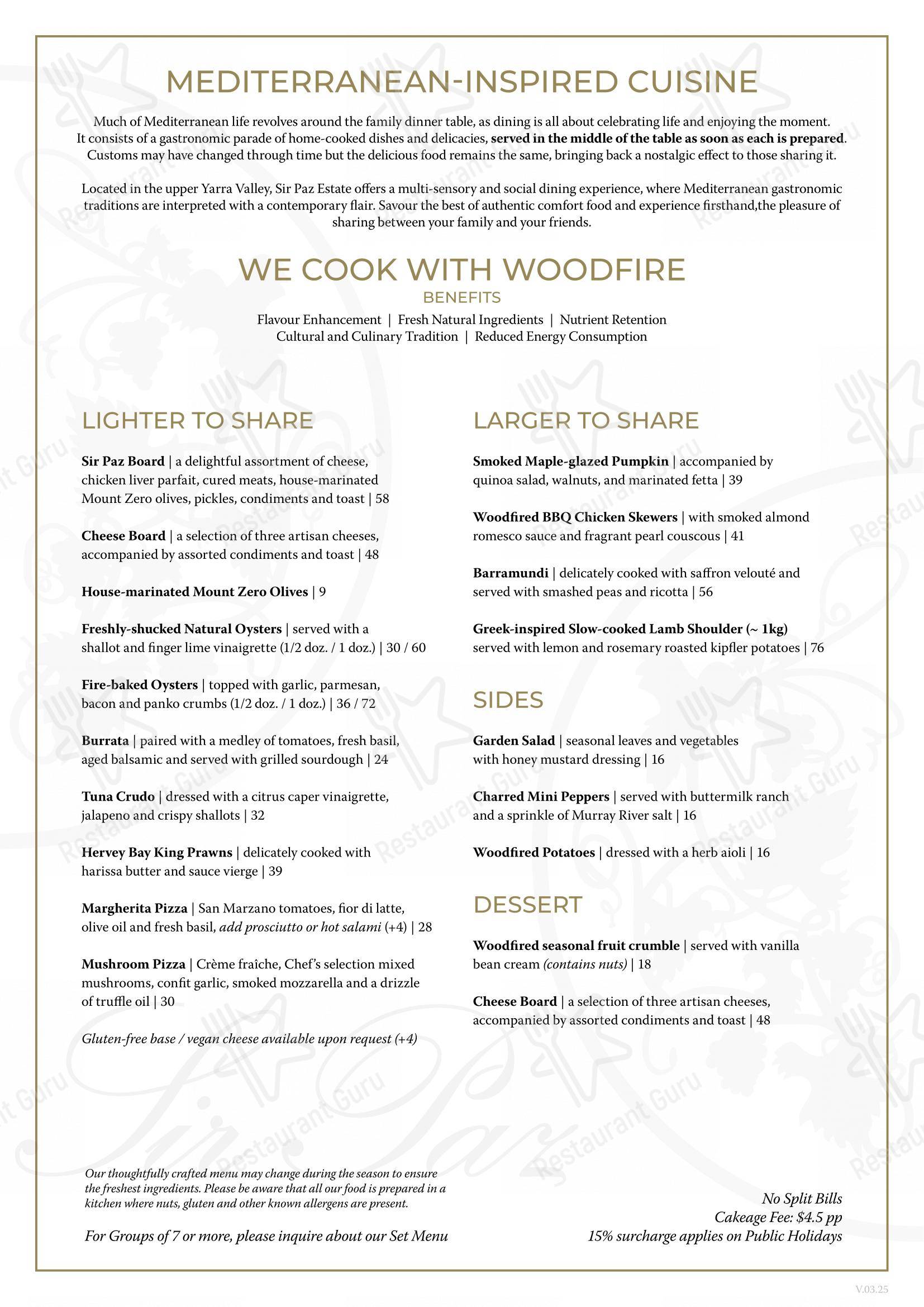 Menu at Sir Paz Estate BBQ, Wandin East