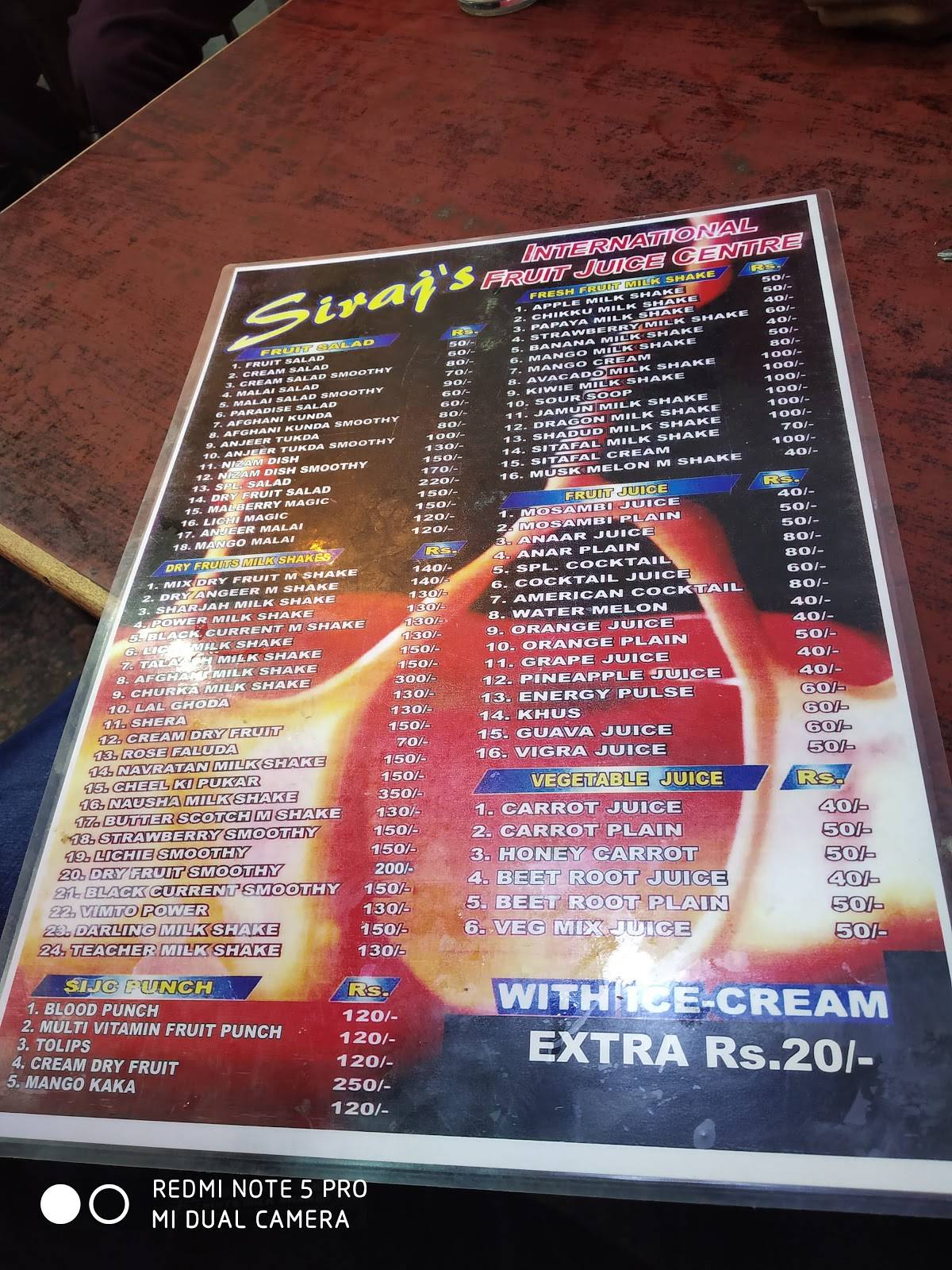Menu at Siraj's International Juice Center, Hyderabad