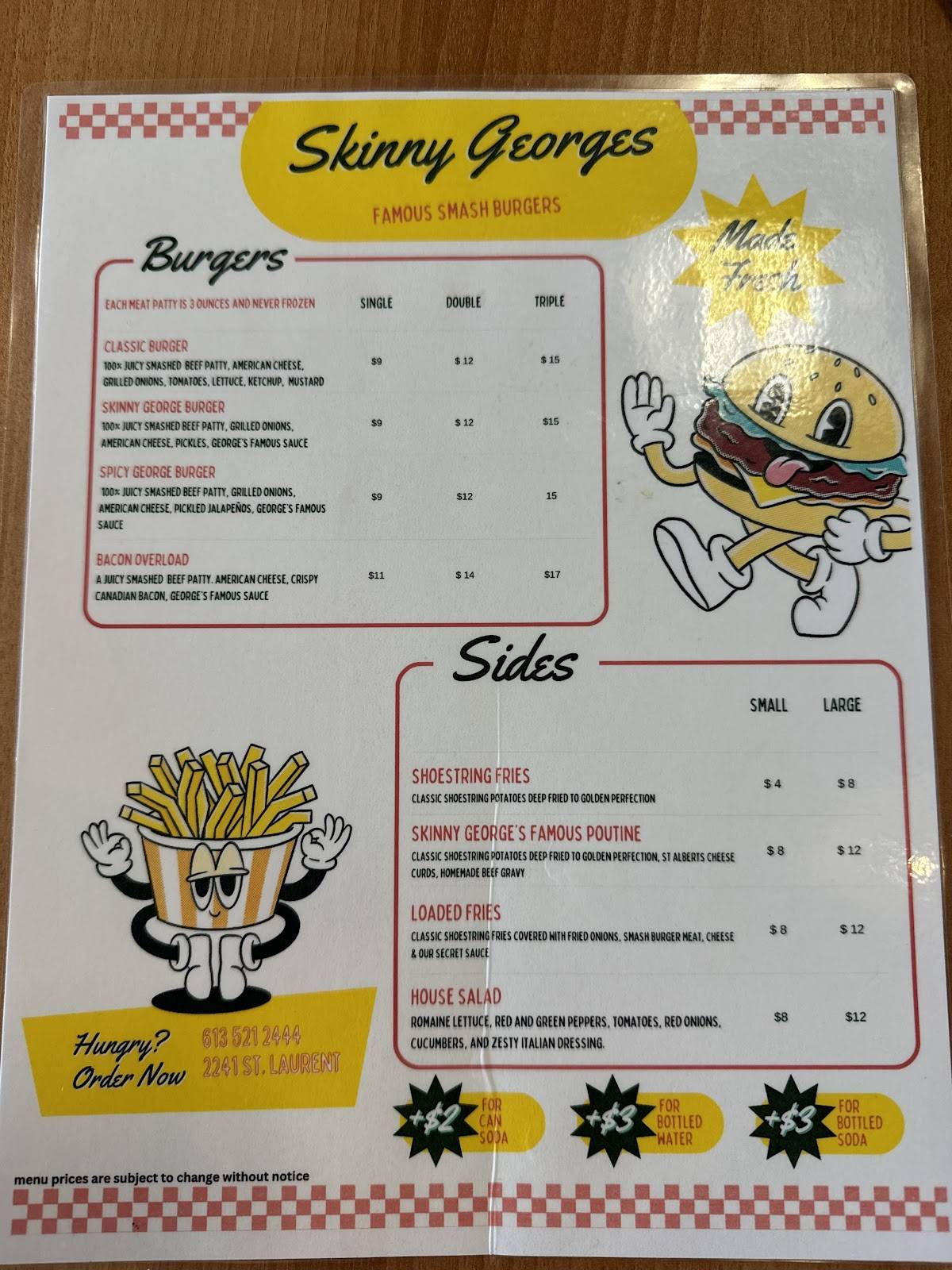 Menu at Skinny George's Smash Burgers restaurant, Ottawa