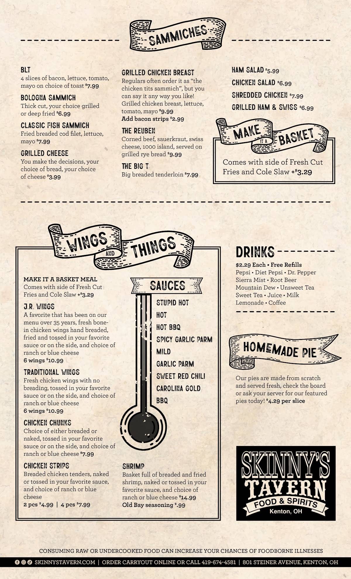 Menu at Skinny's Tavern pub & bar, Kenton