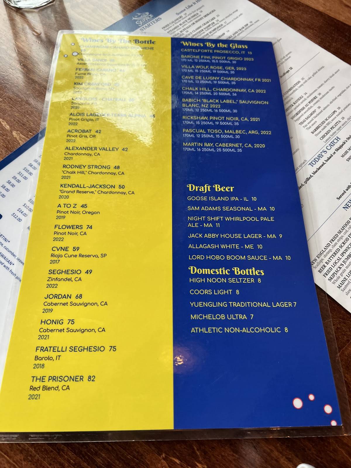Menu at Skipjack's restaurant, Foxborough