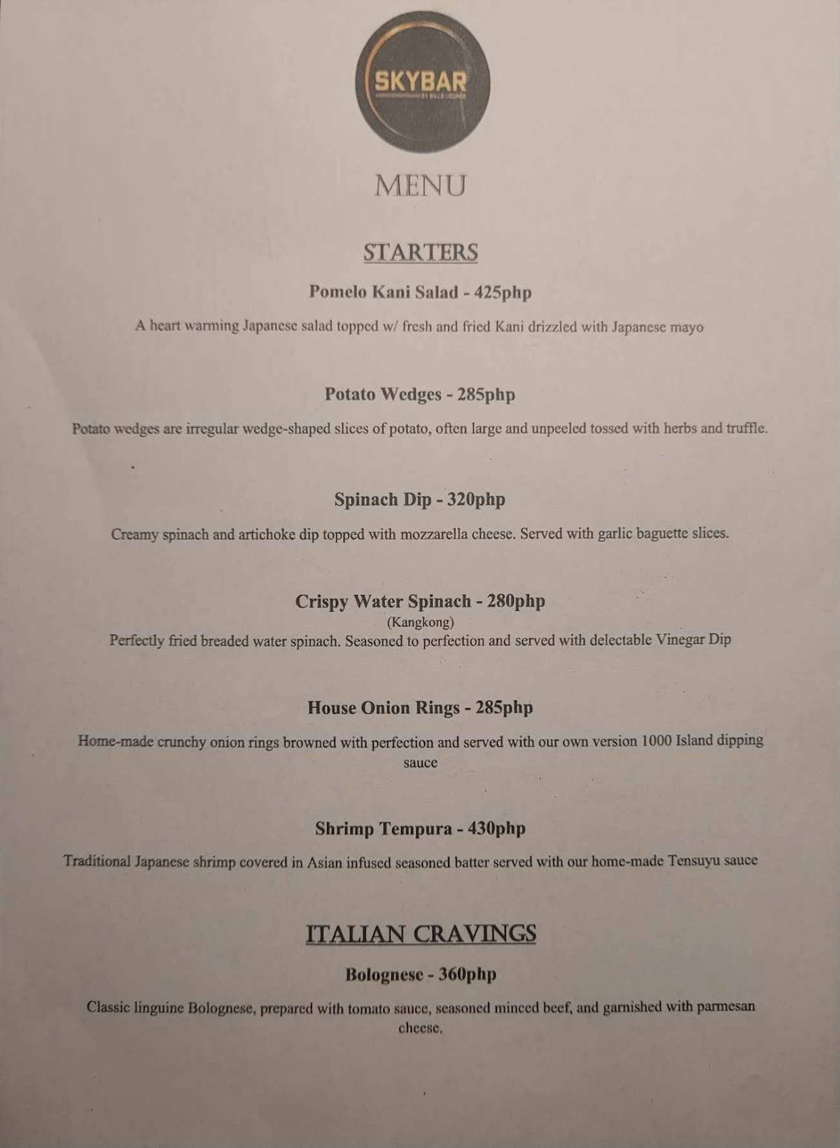 Menu at Sky Bar by Bills Lounge, Quezon City