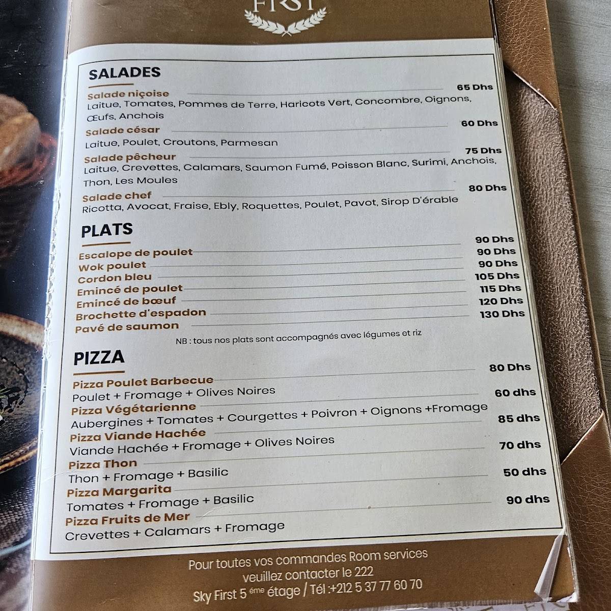 Menu at Sky First restaurant, Rabat
