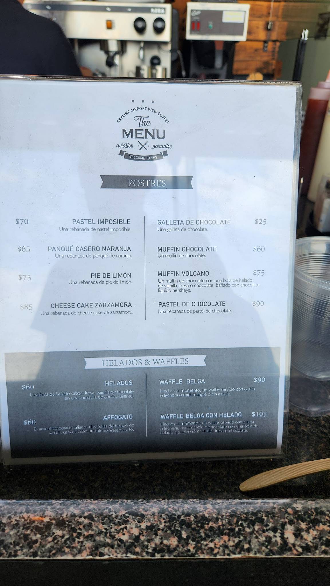 Menu at Skyline Coffee restaurant, Mexico City