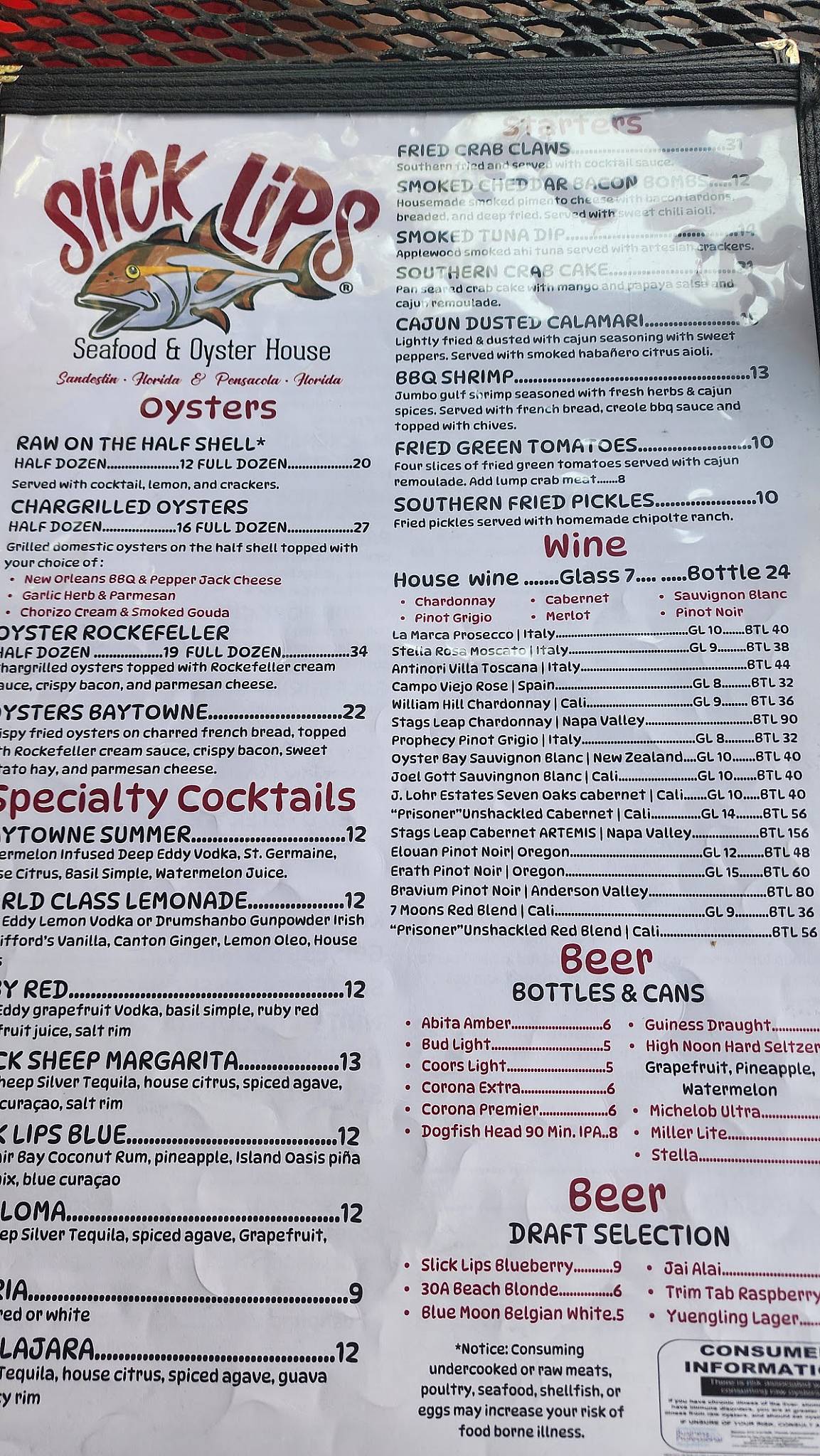 Menu at Slick Lips Seafood & Oyster House restaurant, Miramar Beach