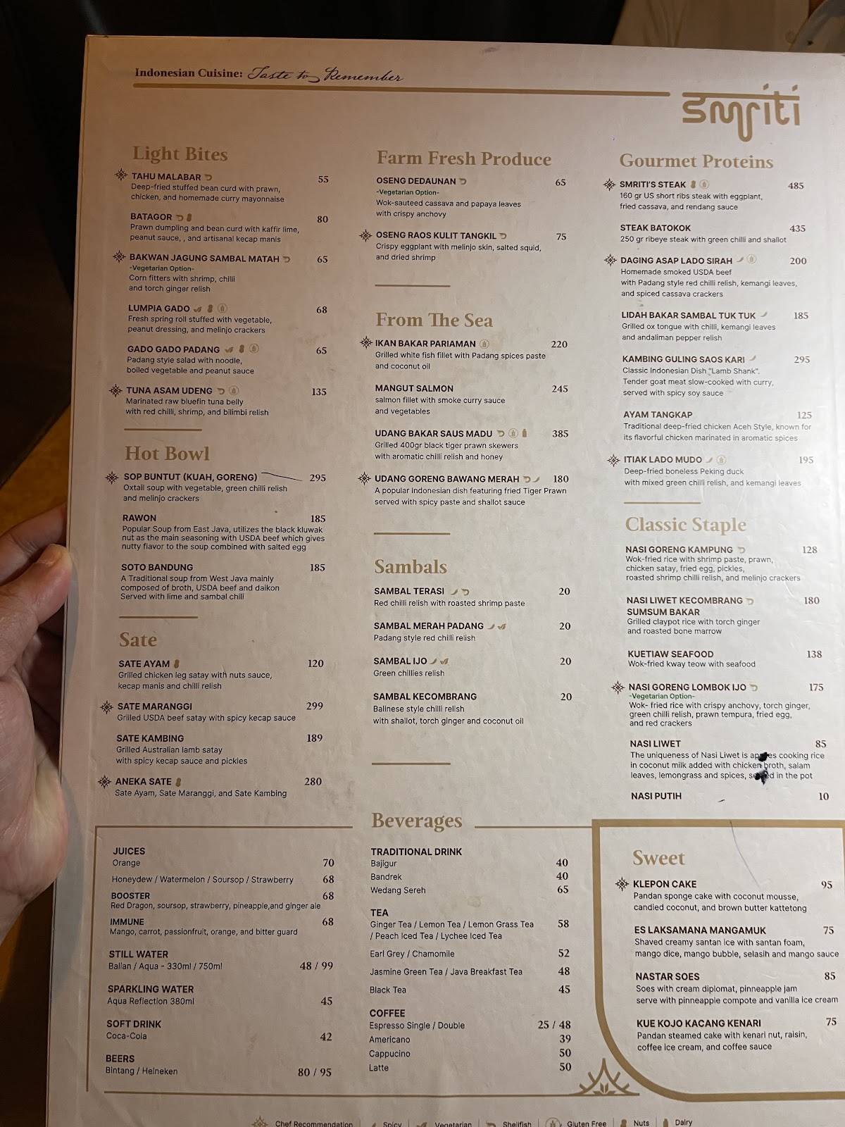 Menu at Smriti restaurant, Jakarta