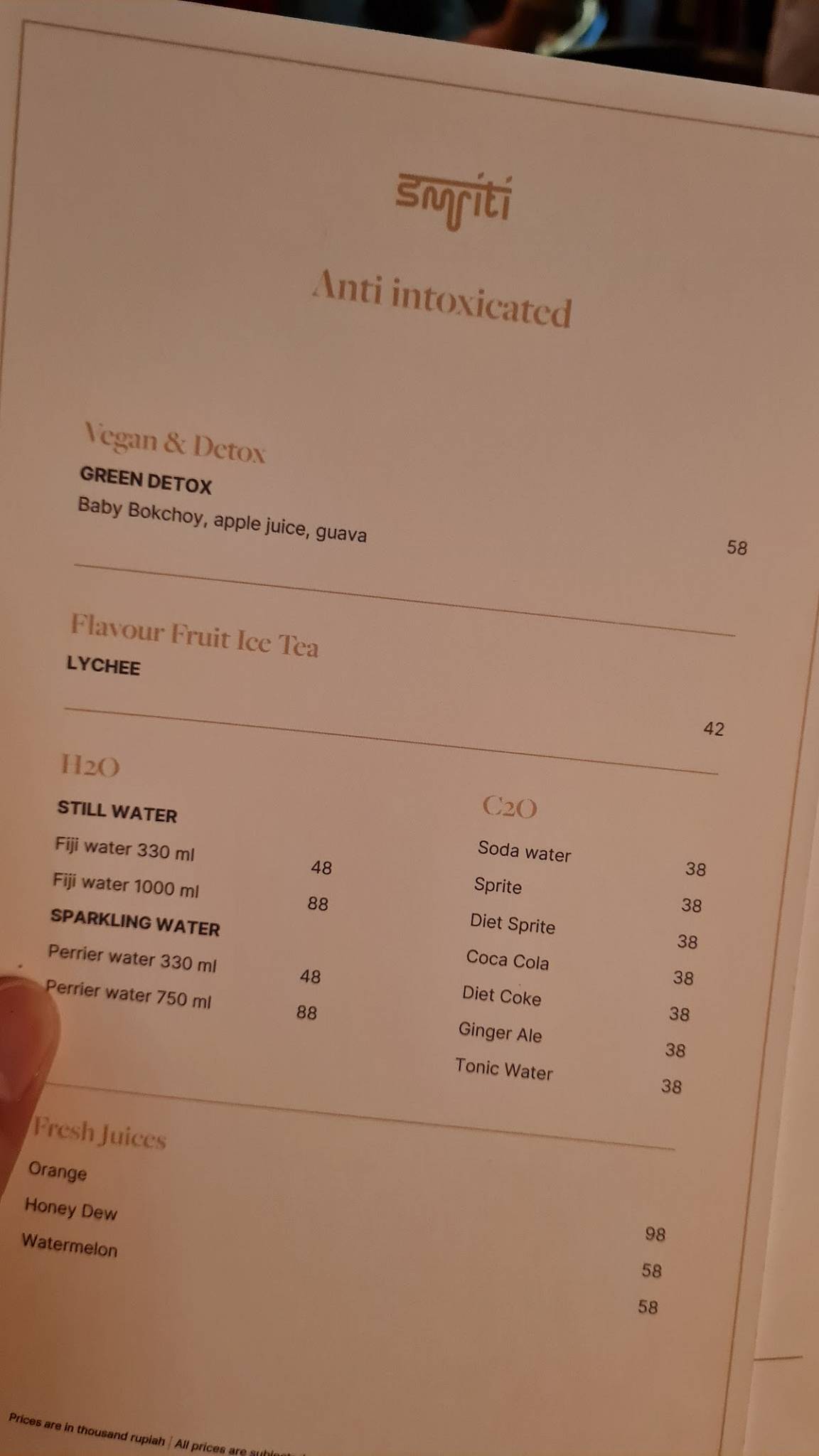 Menu at Smriti restaurant, Jakarta