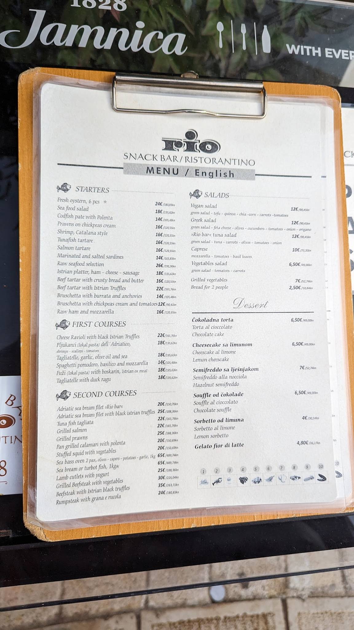 Menu at Snack bar Rio, Rovinj