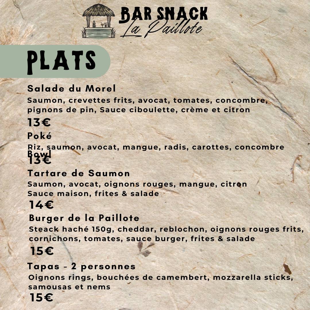 Menu au Snack du Morel, La Paillote restaurant, Aigueblanche