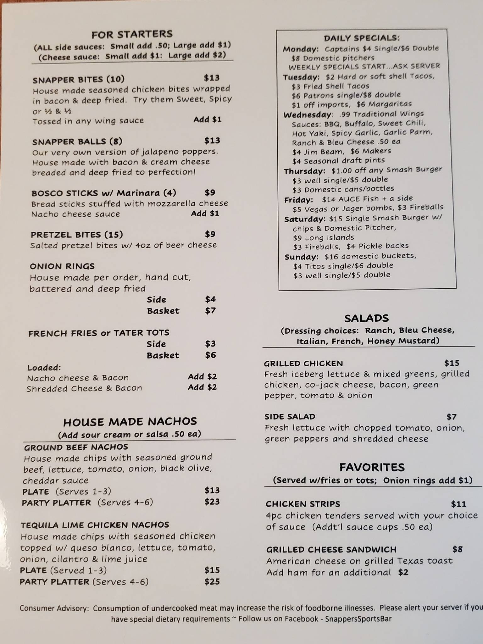 Menu at Snappers Sports Bar, Elkhart
