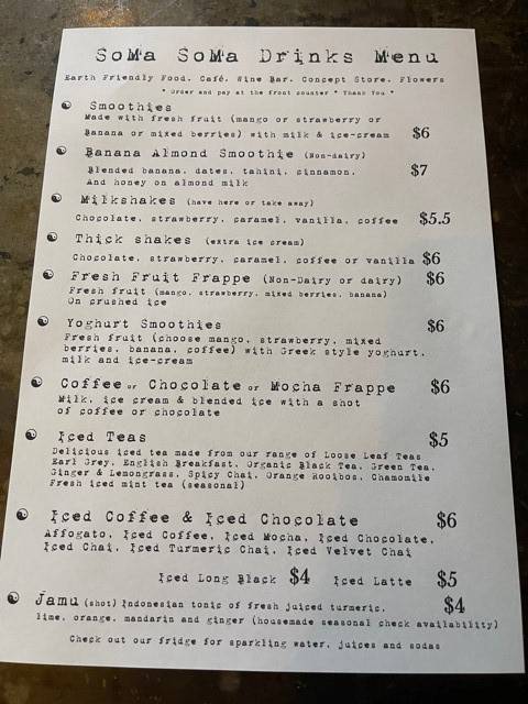 Menu at SoMa SoMa cafe, Gympie