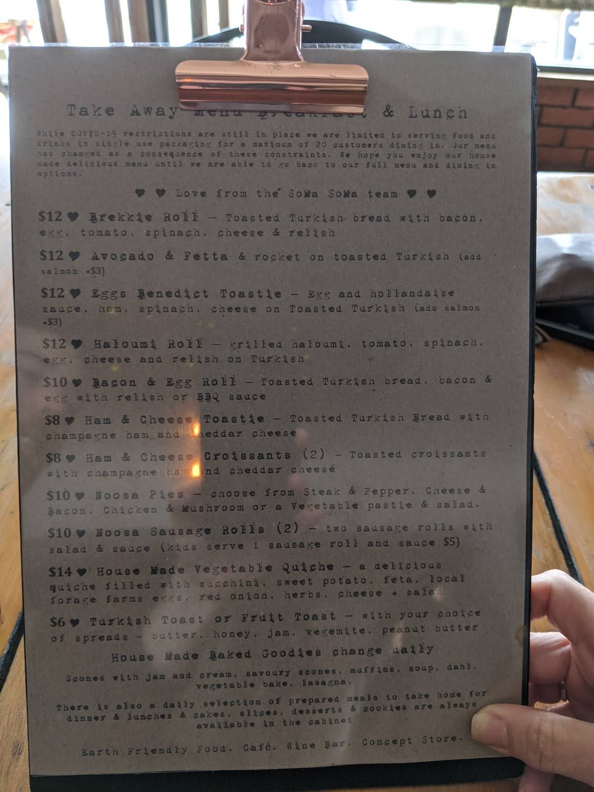Menu at SoMa SoMa cafe, Gympie