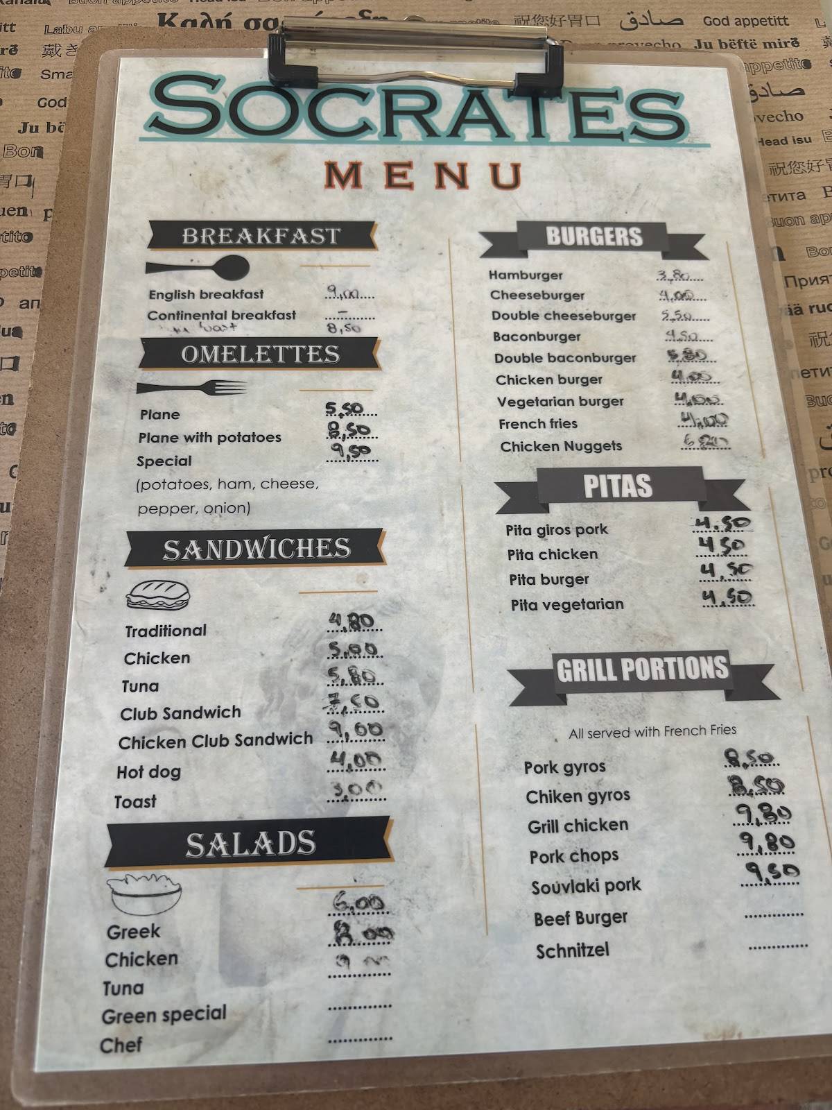 Menu at Socrates Snack Bar, Piskopiano