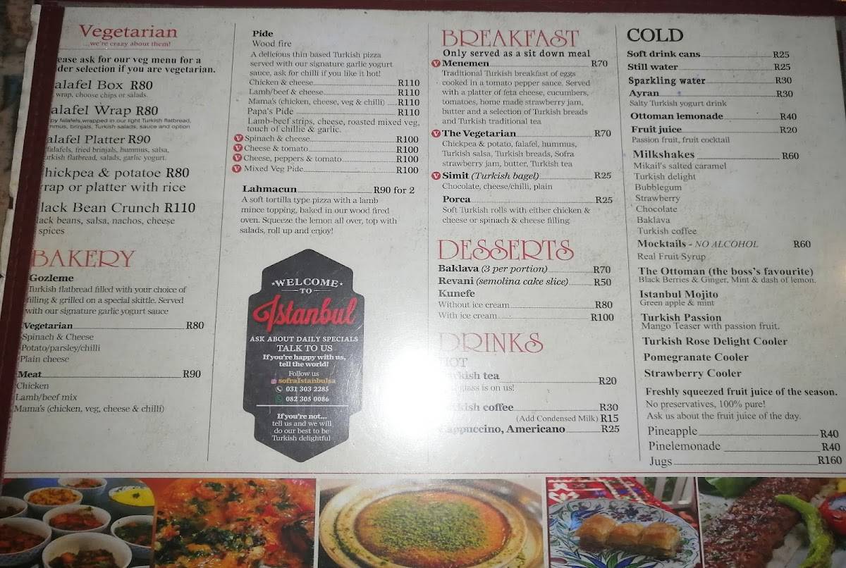 Menu at Sofra Istanbul Florida restaurant, Durban, 245 Florida Rd