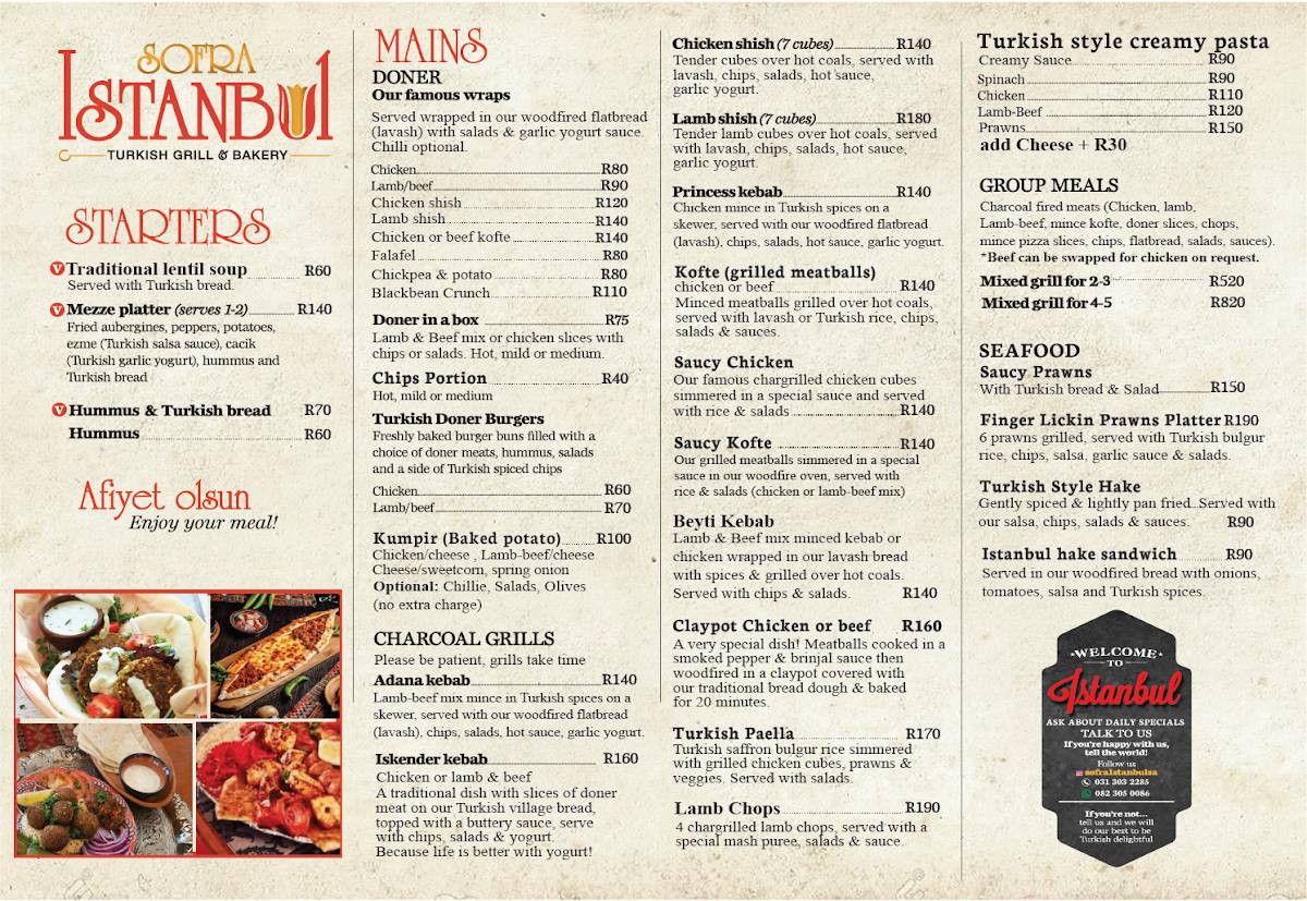 Menu at Sofra Istanbul Florida restaurant, Durban, 245 Florida Rd