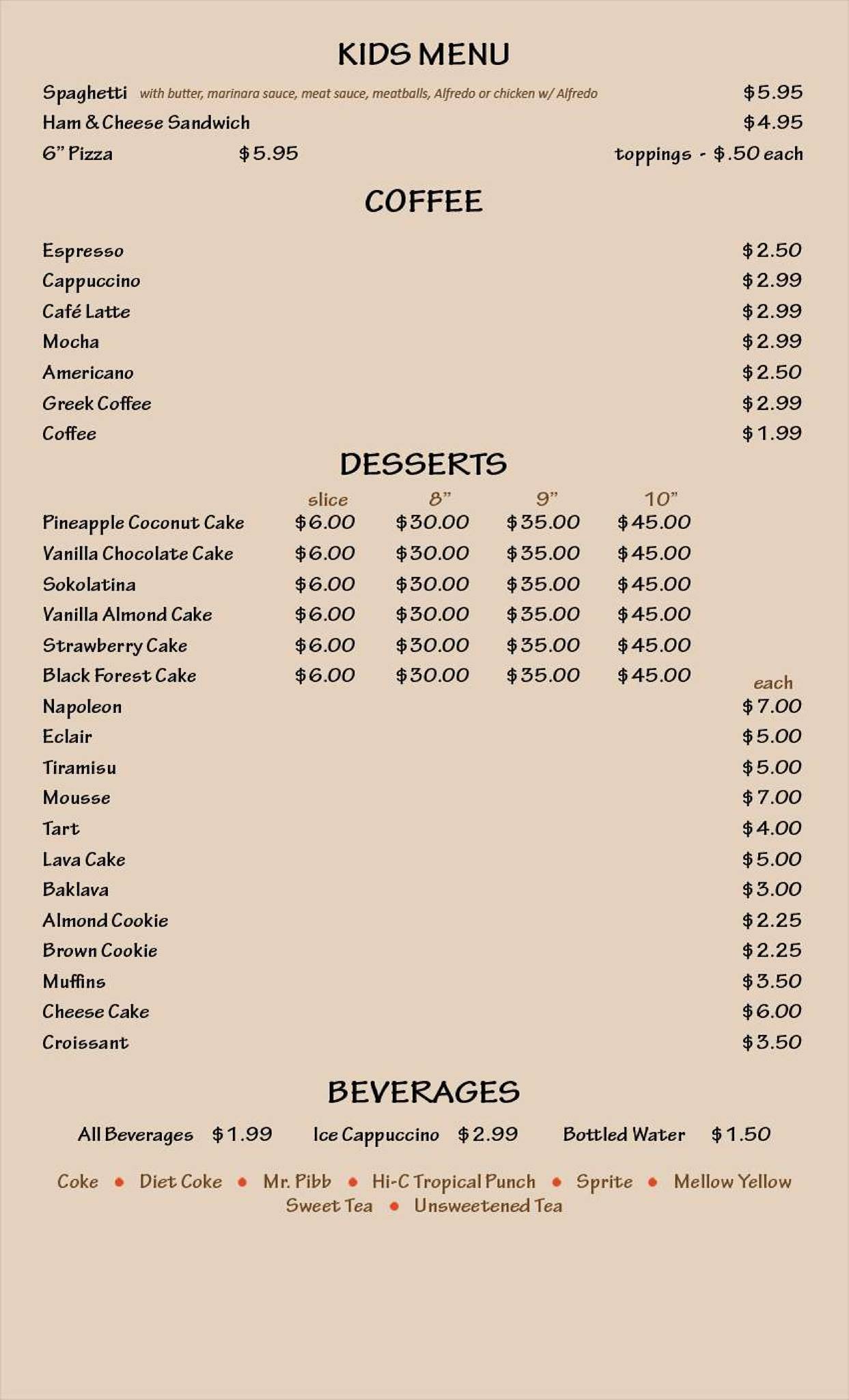 Menu at Sokolata desserts, South Charleston