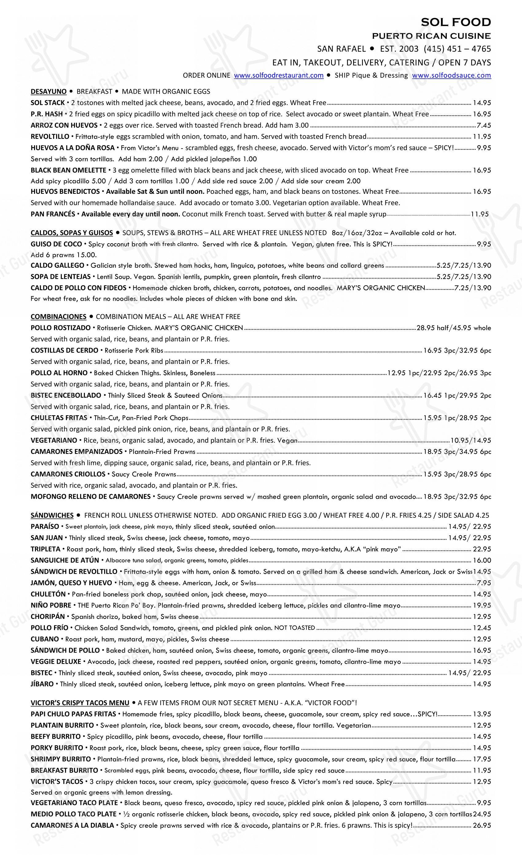 Menu at Sol Food restaurant, San Rafael, 903 Lincoln Ave