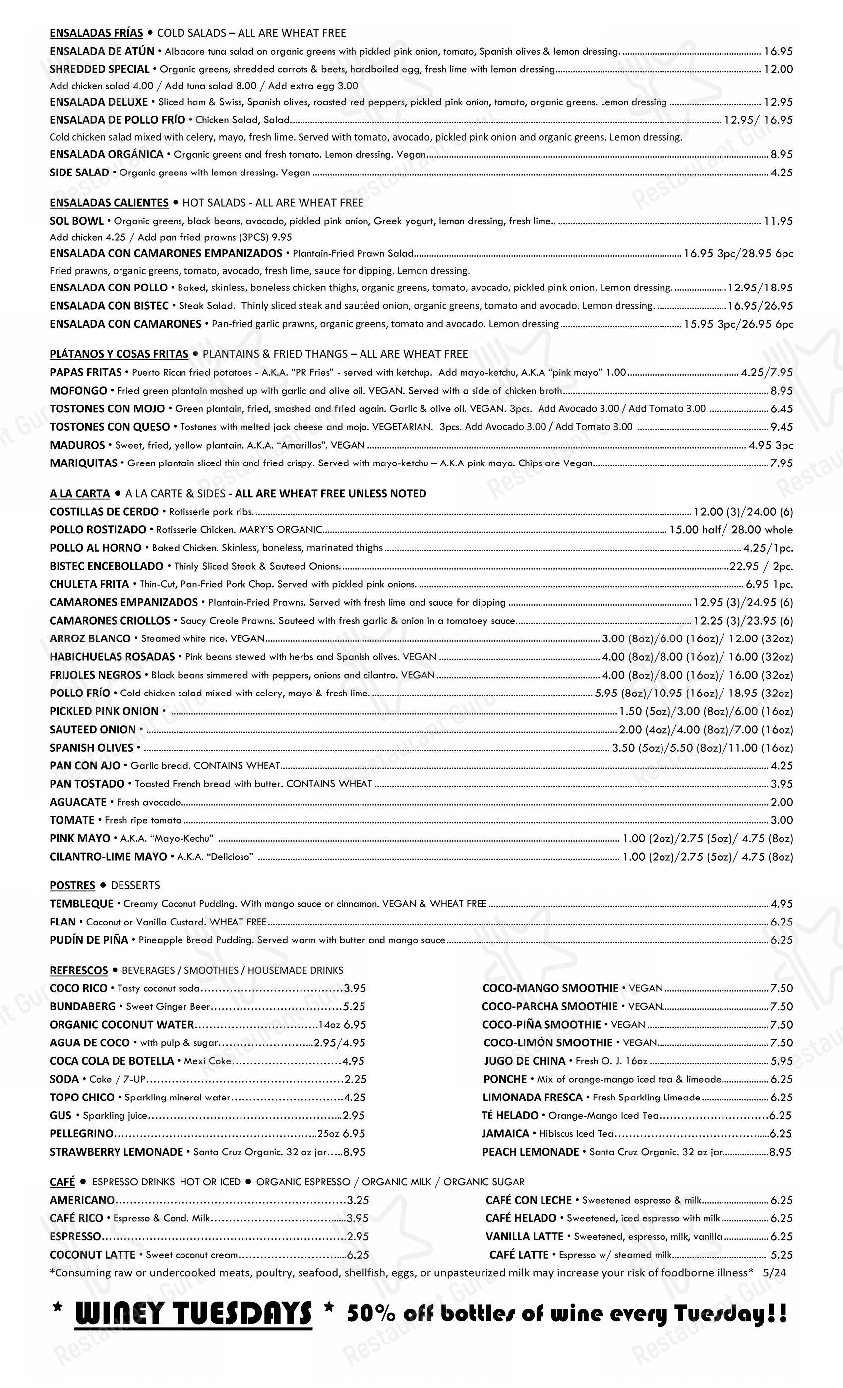 Menu at Sol Food restaurant, San Rafael, 903 Lincoln Ave