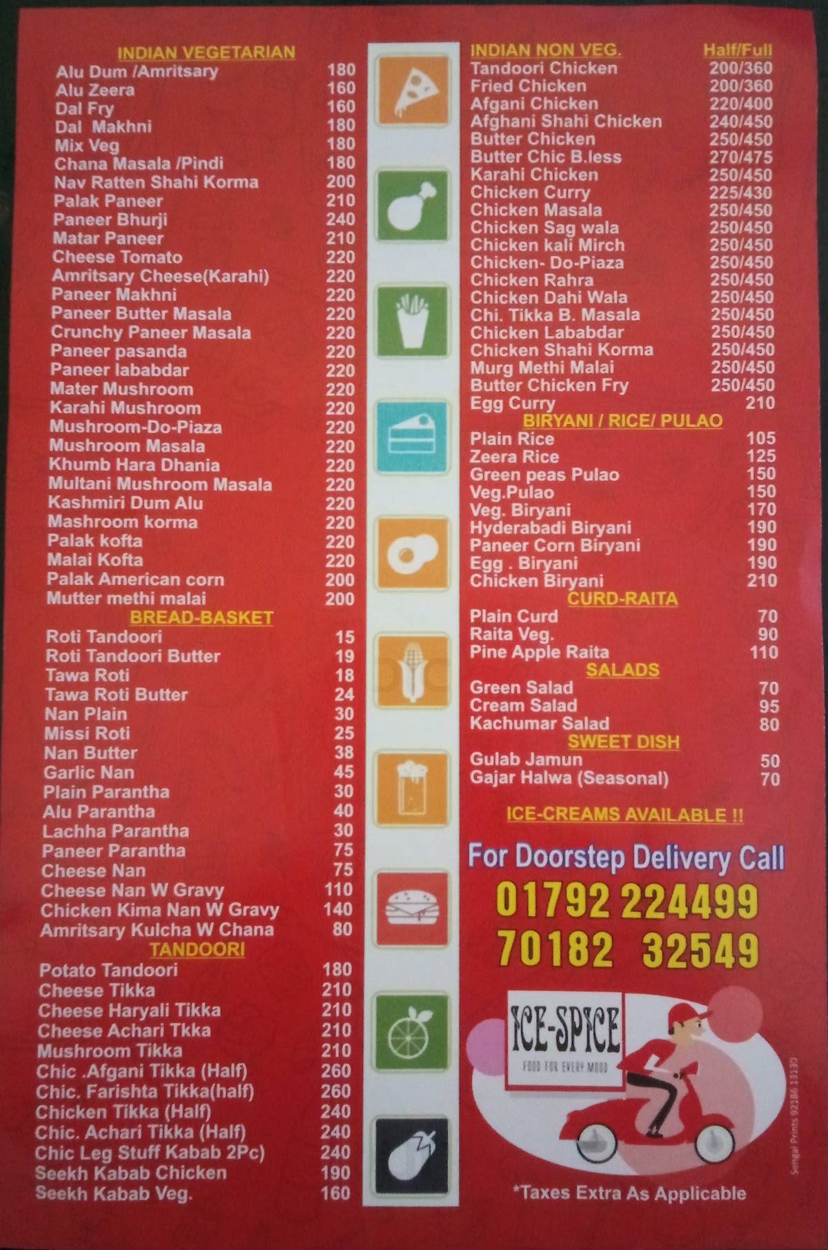 Menu at Ice Spice, Solan