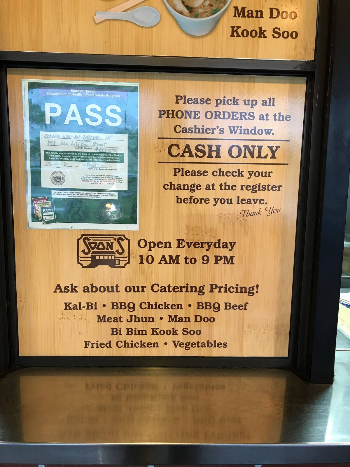 Menu at Soon's Kal Bi Drive In BBQ, Honolulu
