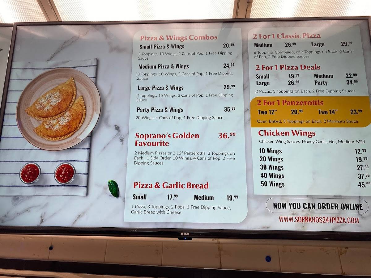 Menu at Soprano's Pizza pizzeria, London, 941 Oxford St E