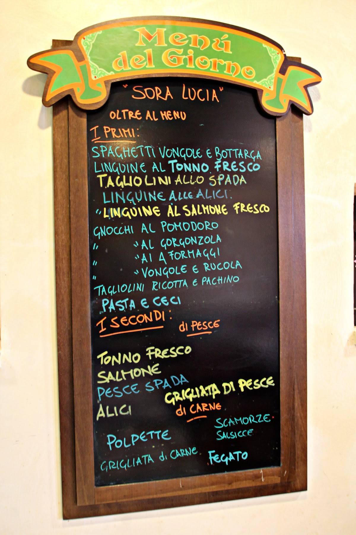 Menu at Sora Lucia restaurant, Rome