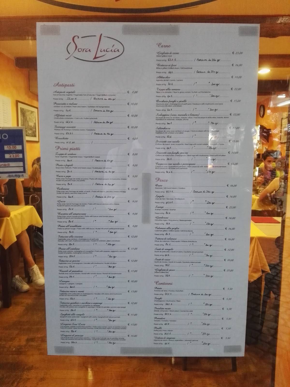 Menu at Sora Lucia restaurant, Rome