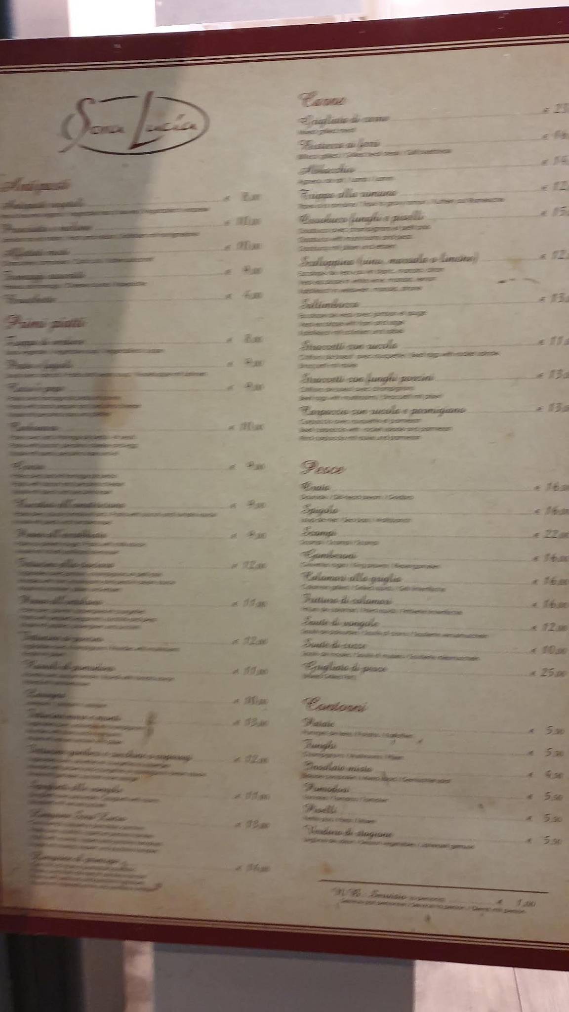 Menu at Sora Lucia restaurant, Rome