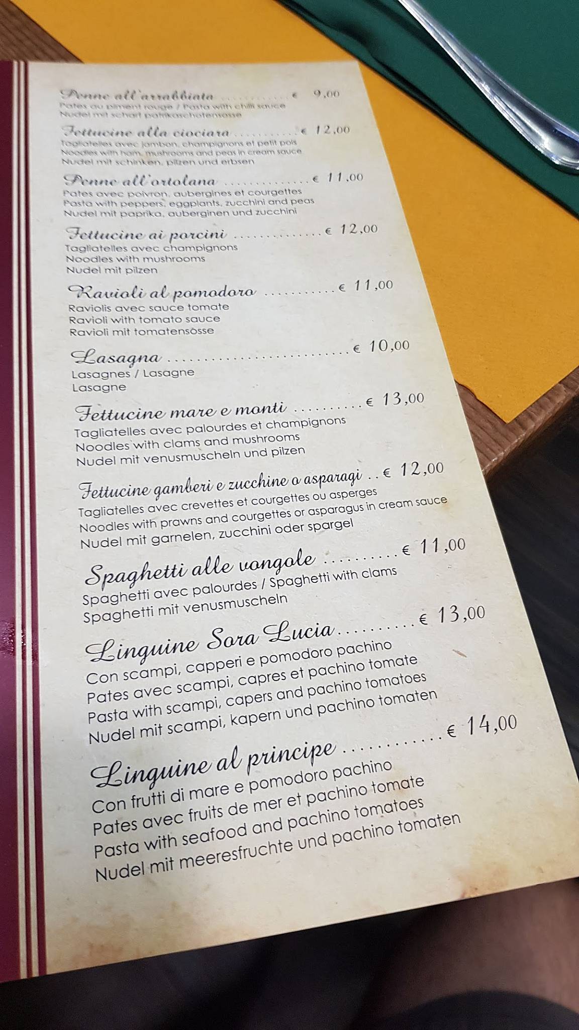 Menu at Sora Lucia restaurant, Rome