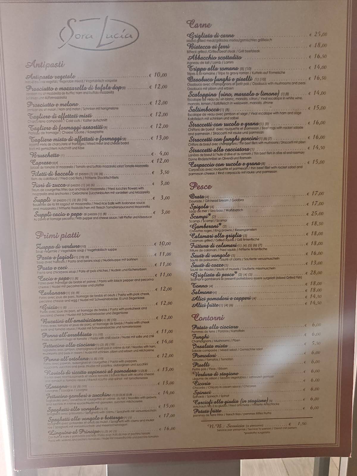 Menu at Sora Lucia restaurant, Rome