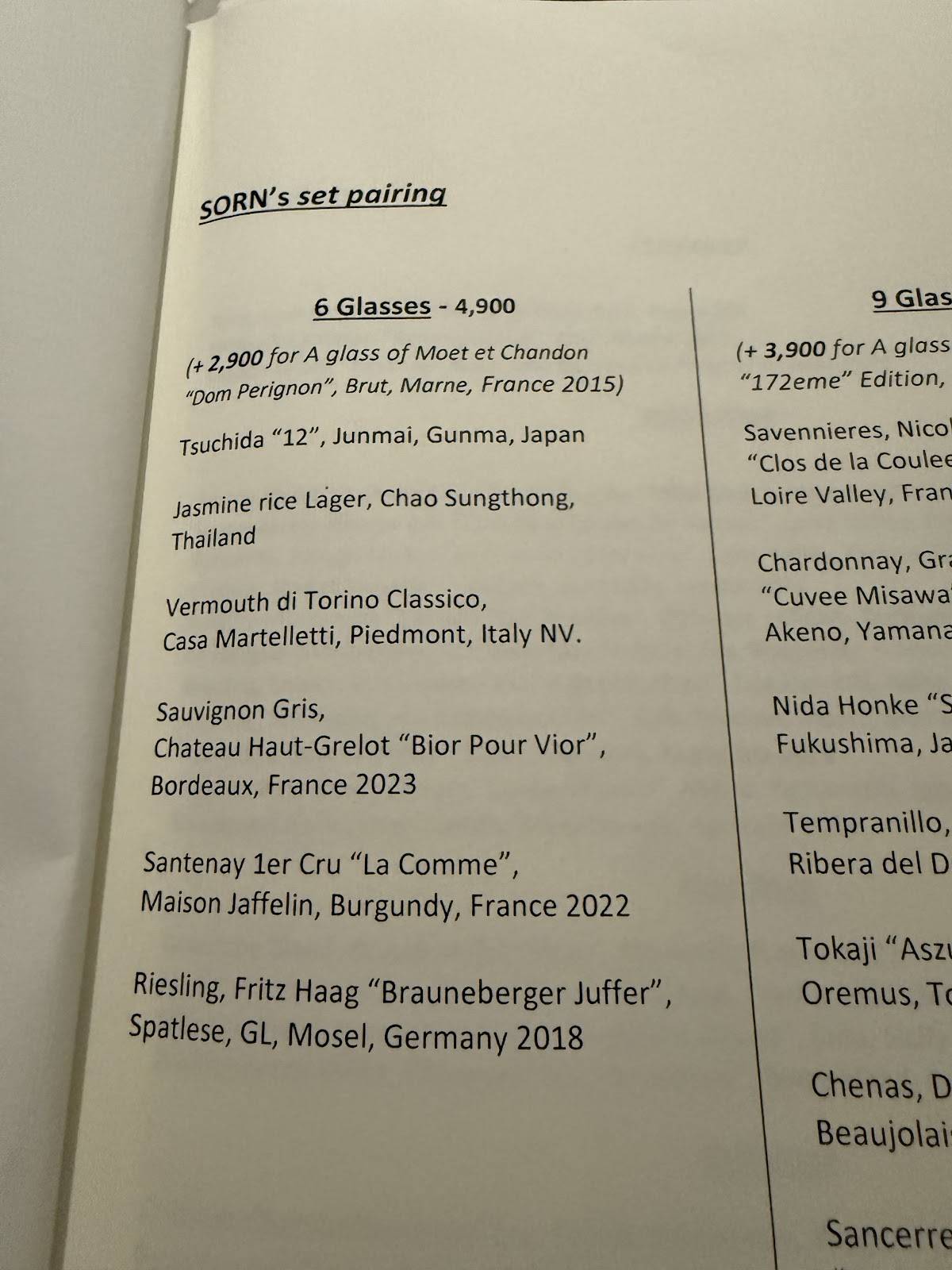 Menu at Sorn restaurant, Bangkok