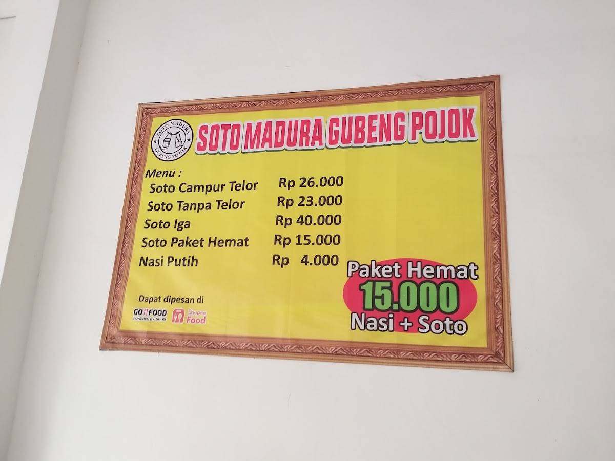Menu at Soto Madura Gubeng Pojok restaurant, Surabaya, Jl. Dharmawangsa ...