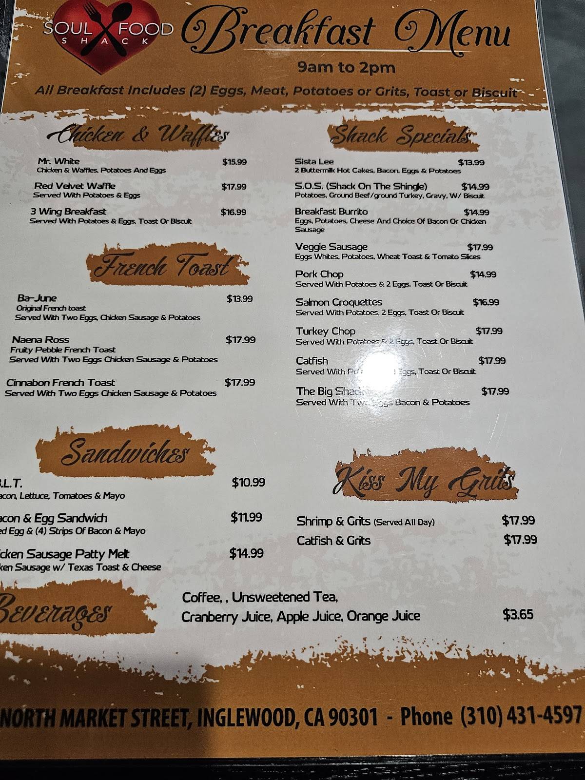 Menu at Soul Food Shack Inglewood restaurant, Inglewood