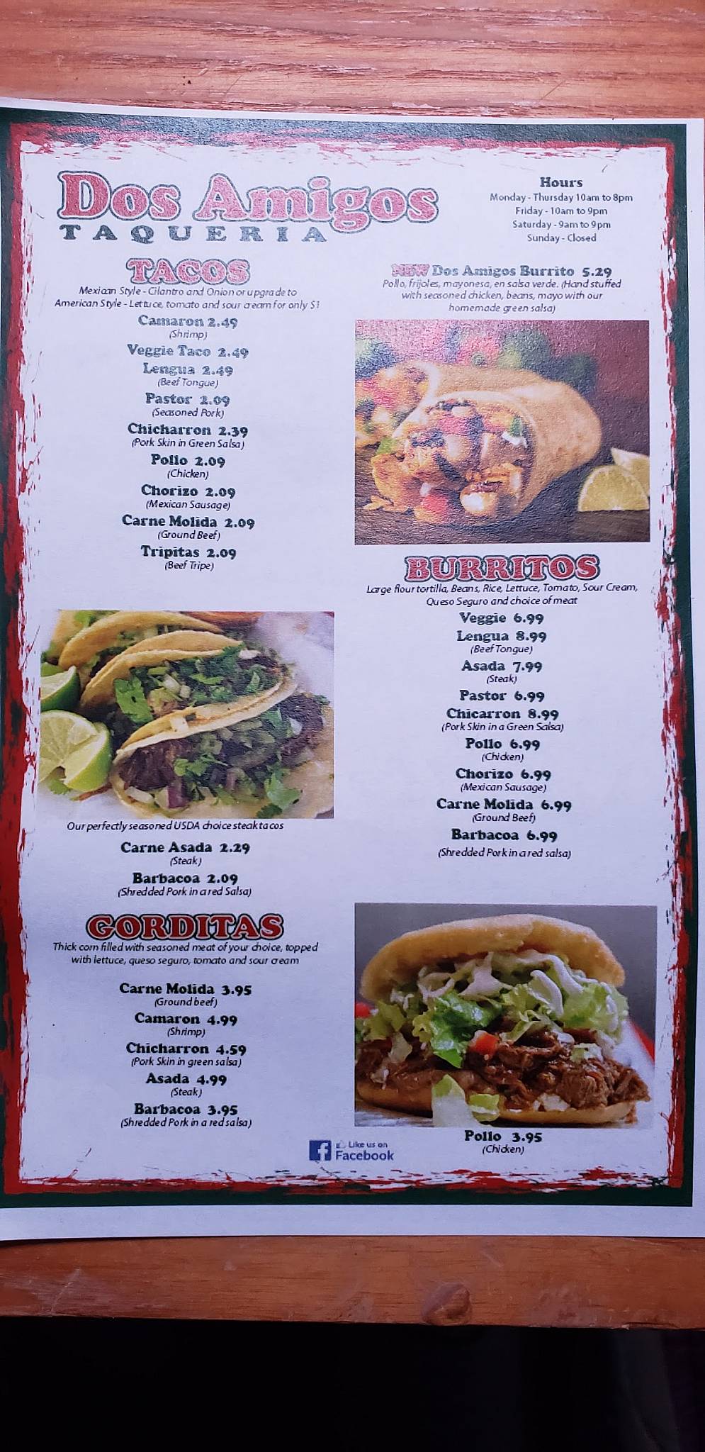 Menu at Dos Amigos Taqueria restaurant, South Beloit