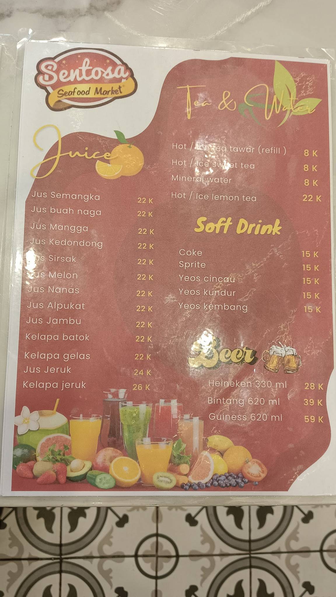Menu at Sentosa Seafood One Belpark restaurant, South Jakarta