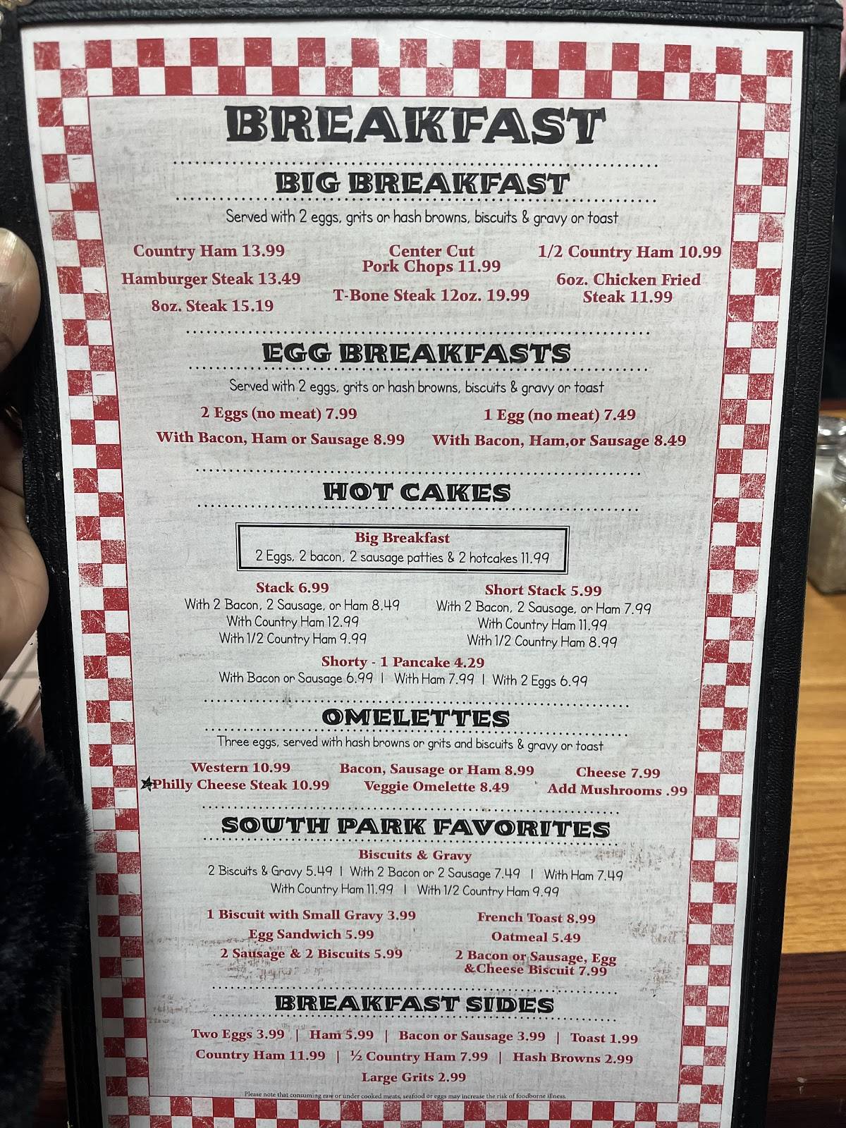 Menu at South Park Restaurant, Clarksville, S Rogers St