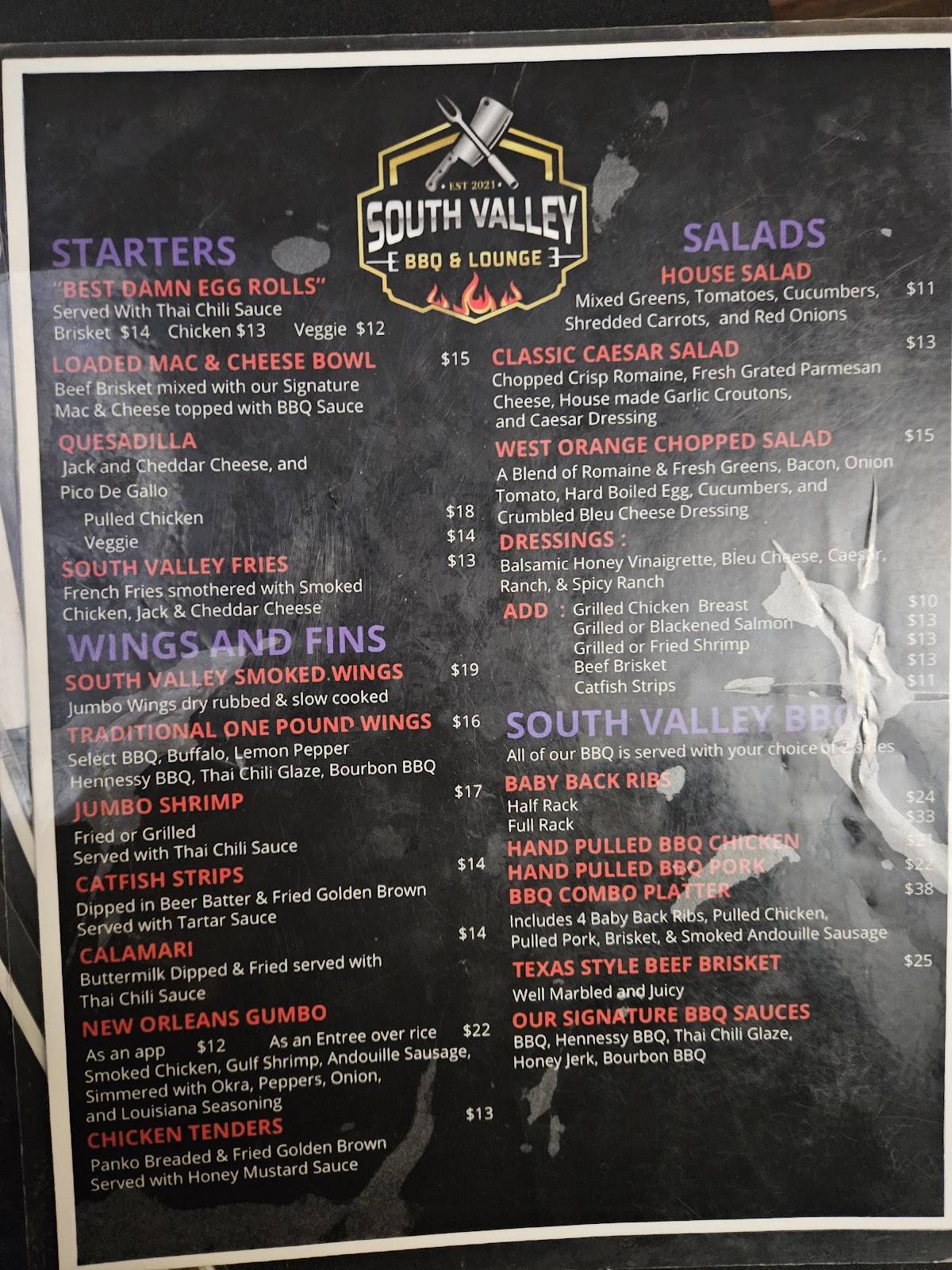 Menu at South Valley BBQ and Lounge, West Orange