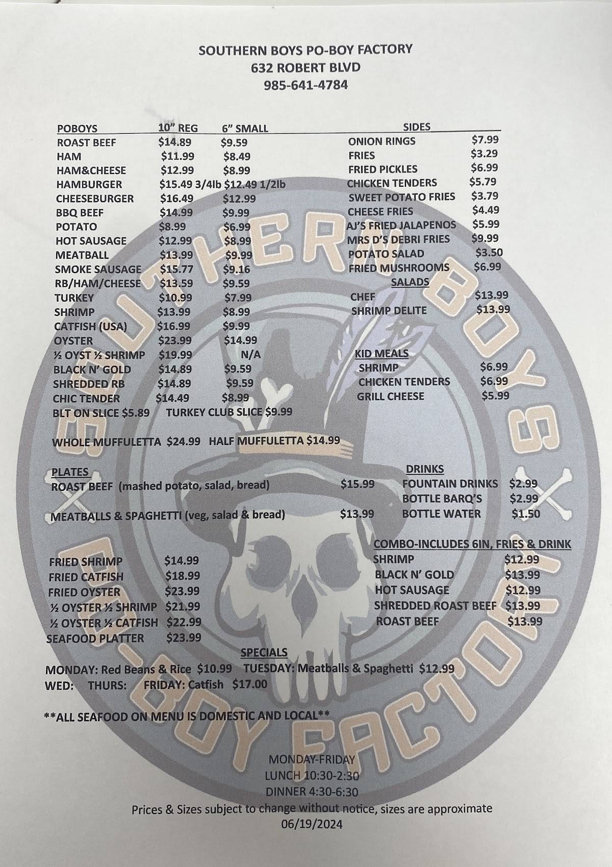 Menu at Southern Boys Po-Boy Factory restaurant, Slidell