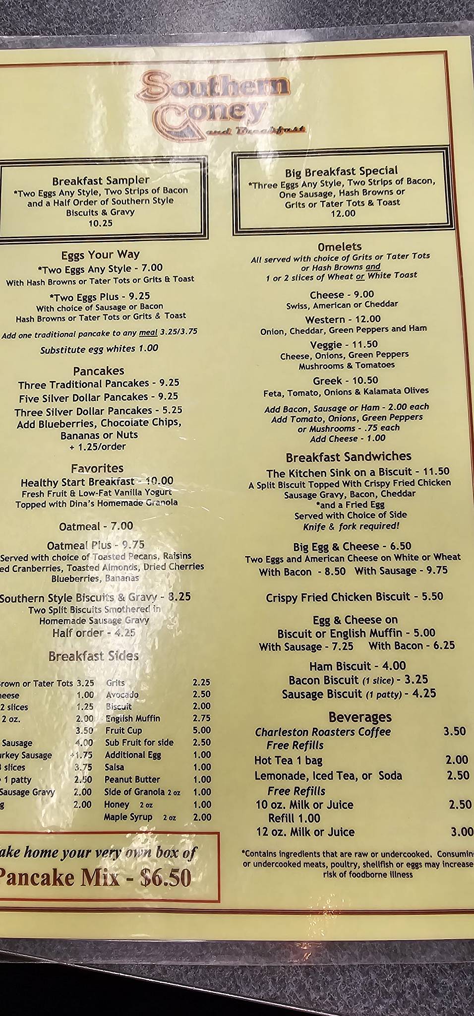 Menu at Southern Coney And Breakfast restaurant, Hilton Head Island
