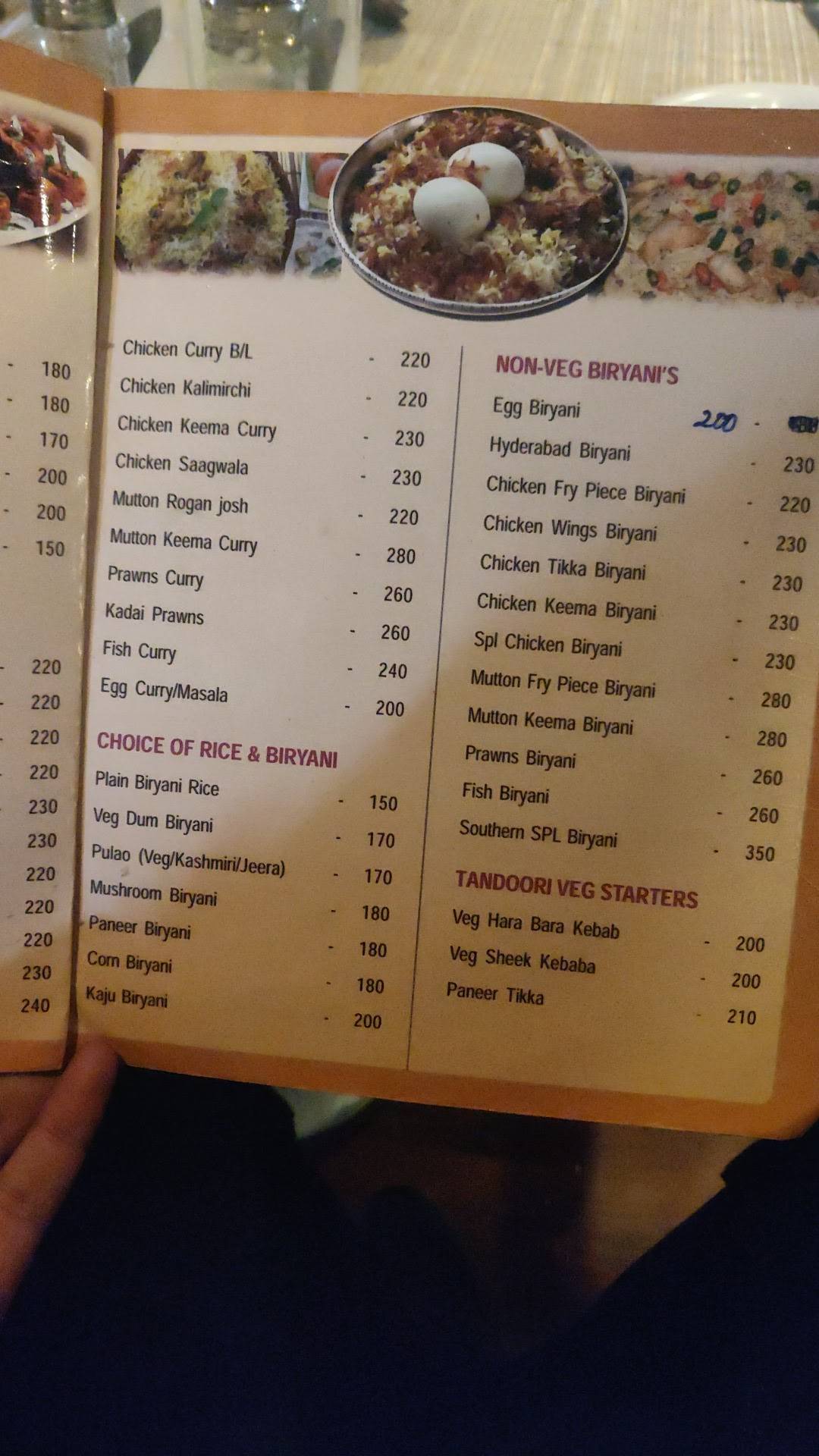 Menu at Southern Spice, Rajahmundry