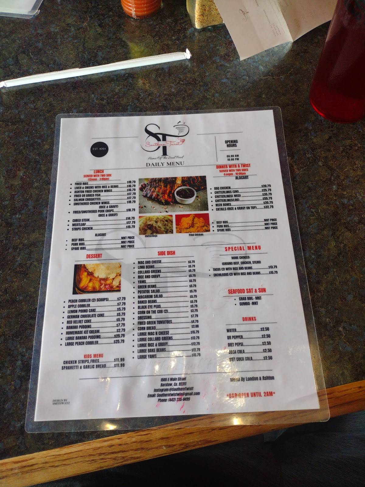 Menu at Southern Twistt restaurant, Barstow
