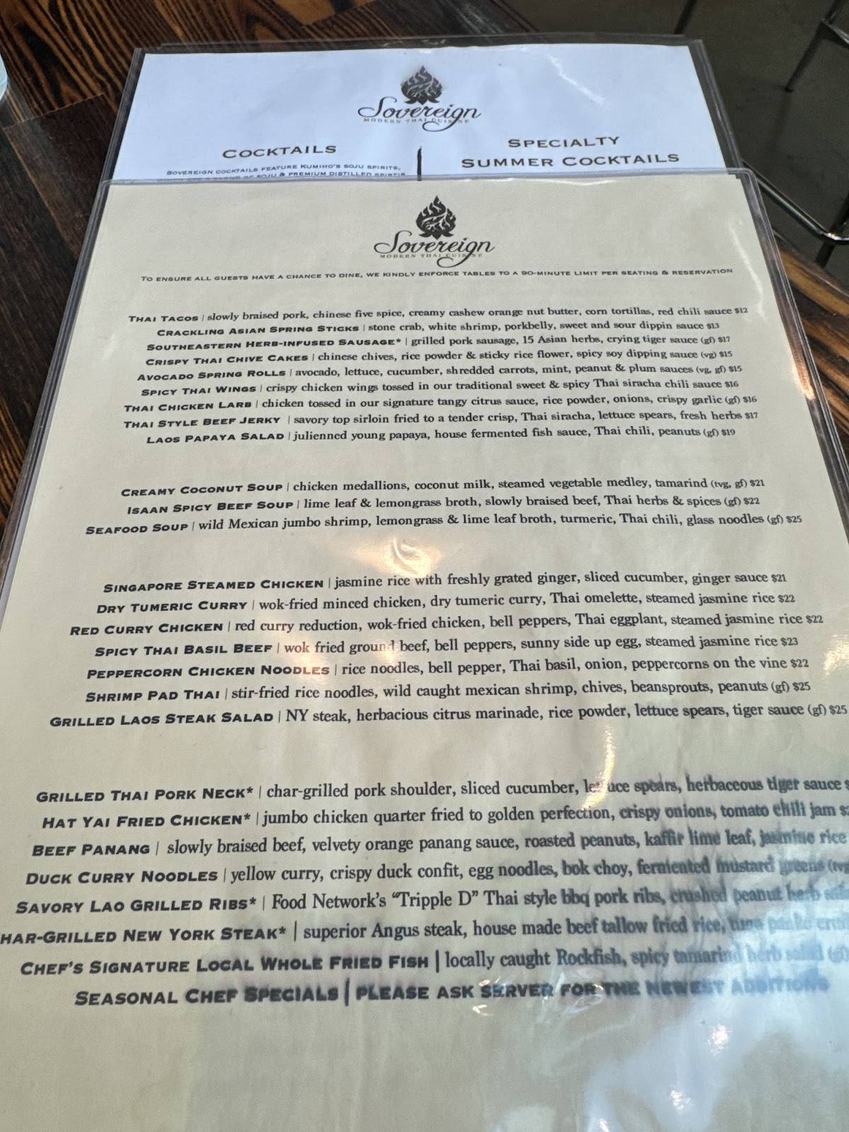 Menu at Sovereign Modern Thai Cuisine pub & bar, San Diego