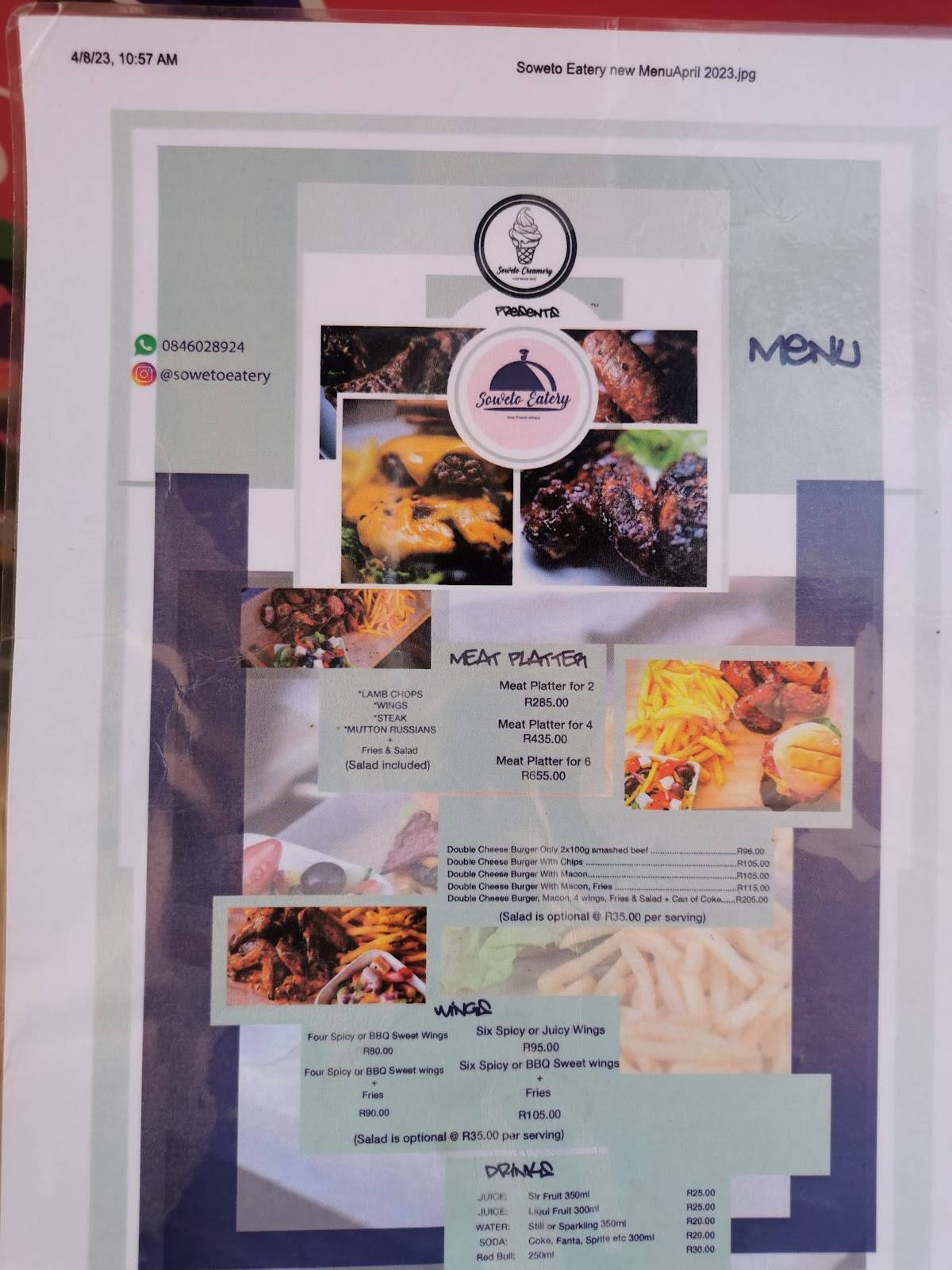 Menu at Soweto Creamery, Soweto