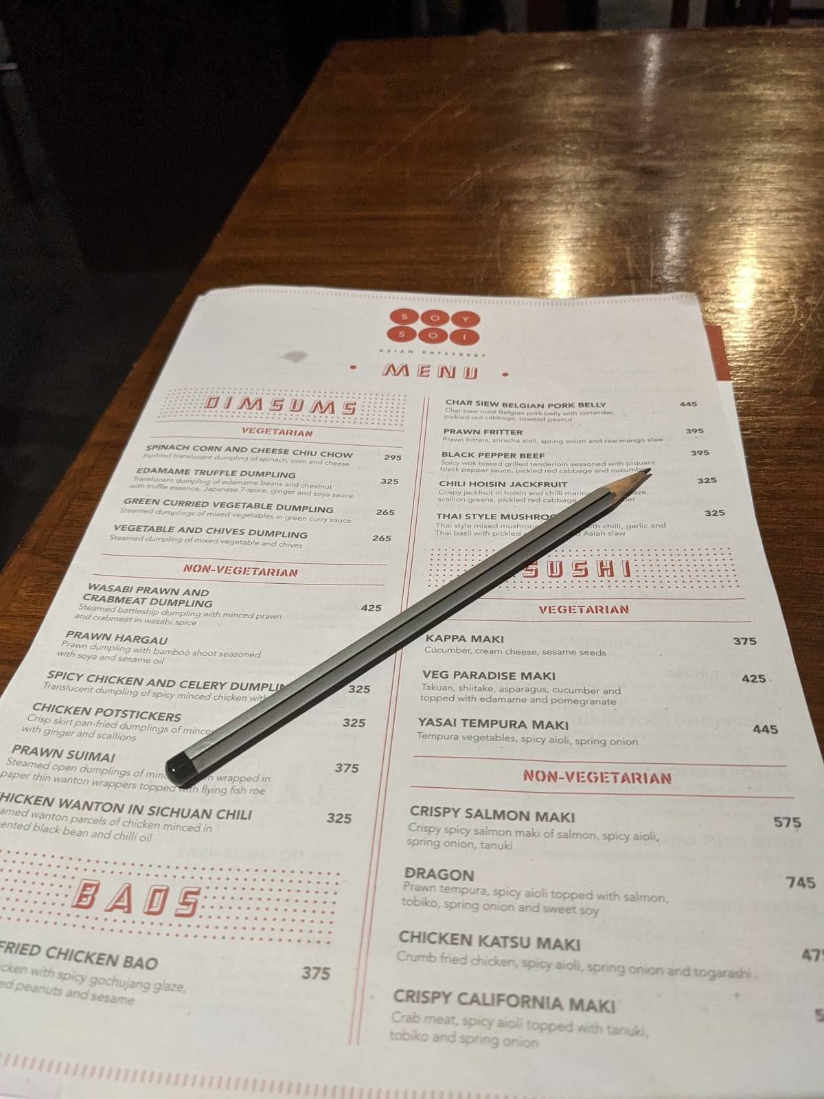 Menu at Soy Soi, Chennai