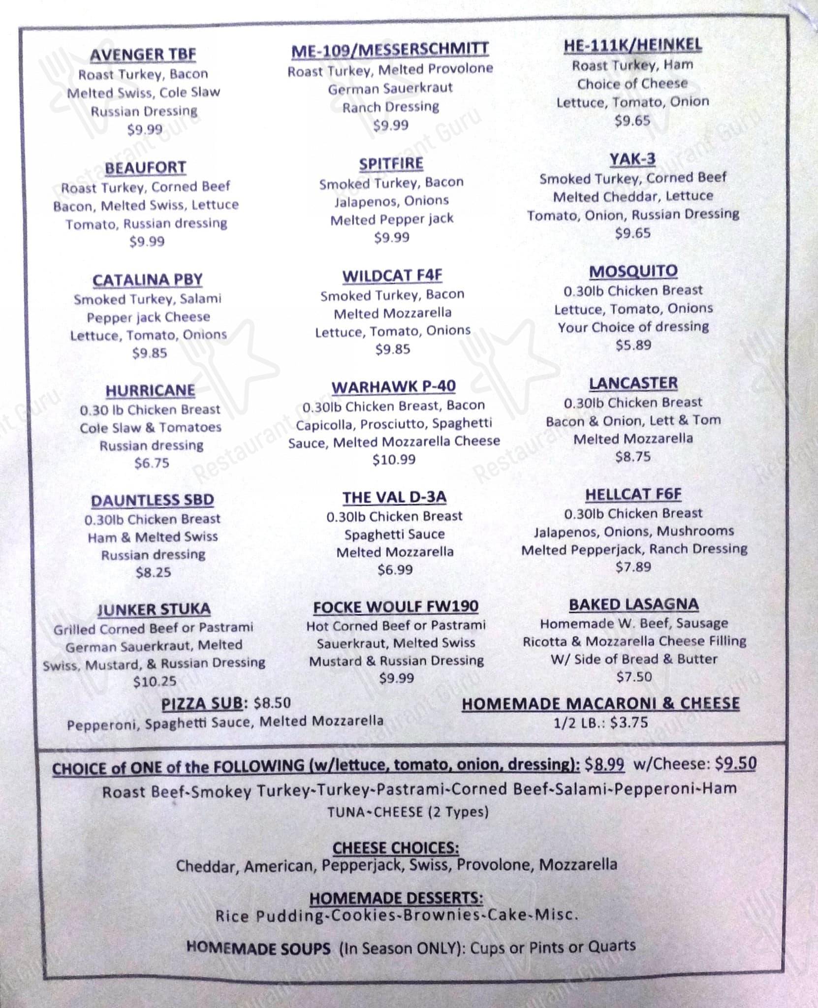 Menu at Speed's Hangar Deli restaurant, Prescott